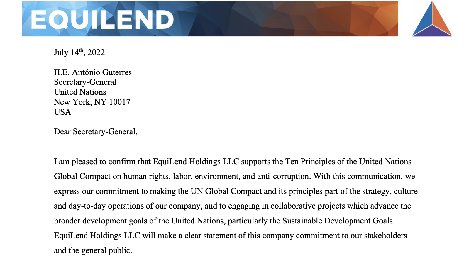 Our Commitment to the United Nations Global Compact - EquiLend